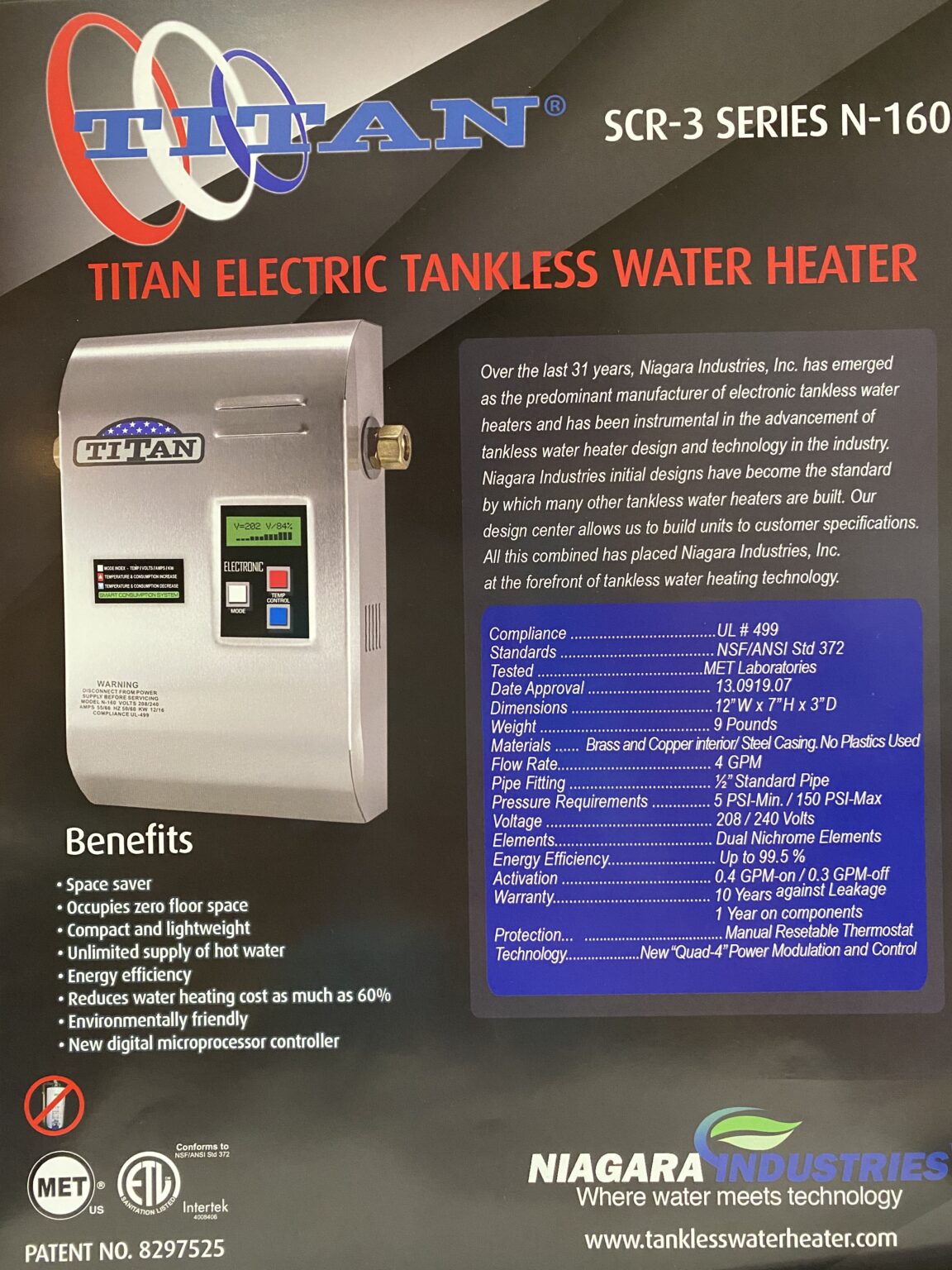 TITAN Tankless Water Heater N-160 SCR-3 Digital. 16Kw. 66 Amp. 4.0 GPM ...